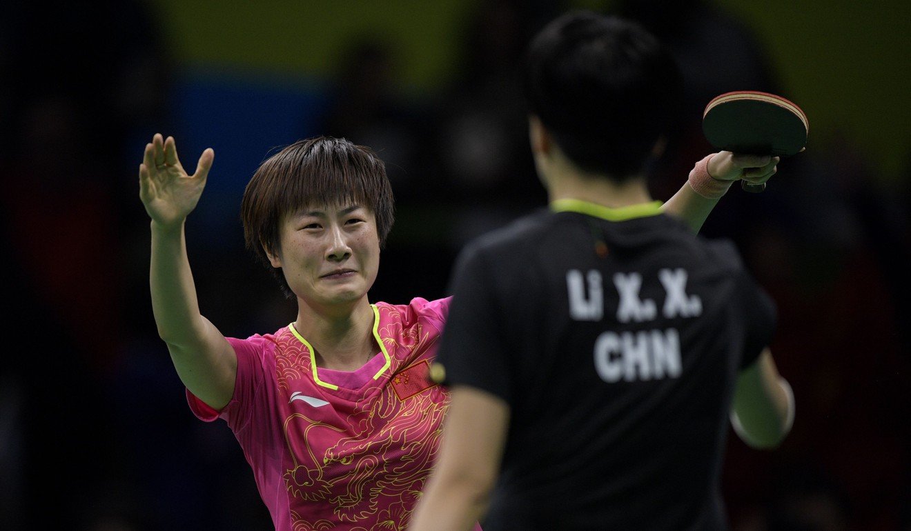 China’s Olympic and World champion table tennis star Ding Ning gives ...